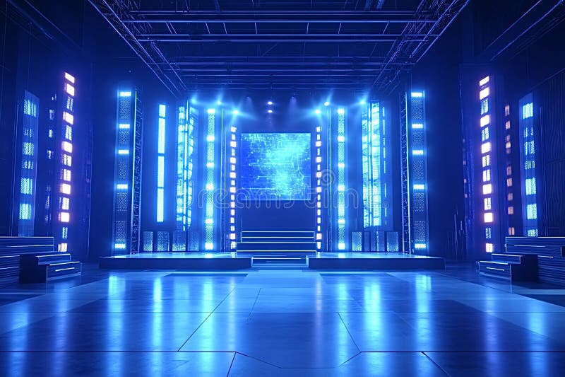Futuristic Stage Setting with Blue Lighting and Digital Screen Stock ...