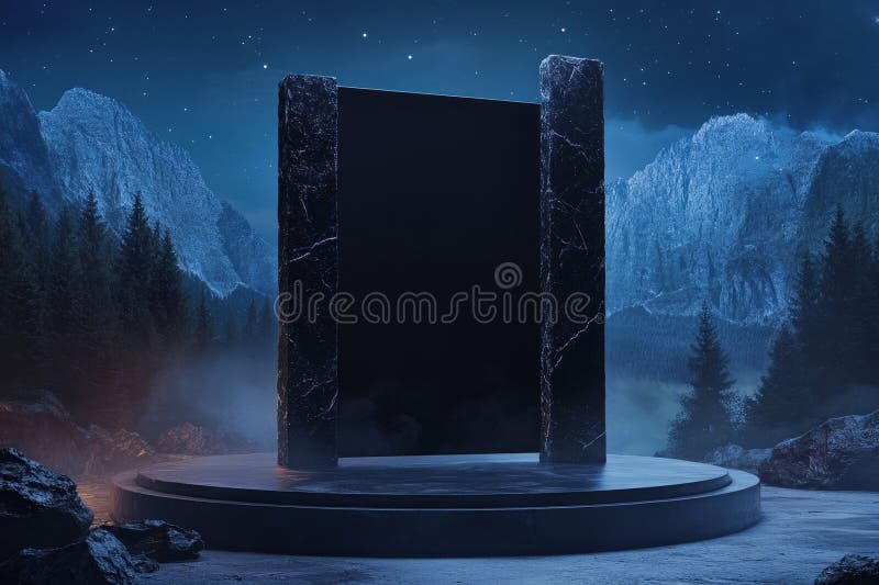 Futuristic Stage with Stone Slabs and Ai Robot Against a Mountain ...