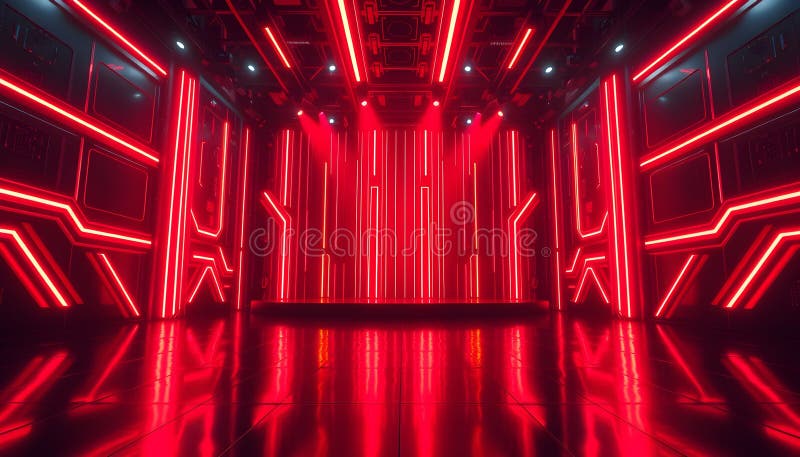 Futuristic Stage with Striking Red Neon Illumination Effect Stock ...
