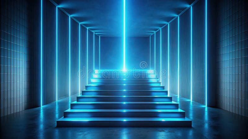 Futuristic Staircase Illuminated by Vibrant Neon Blue Lights in a ...