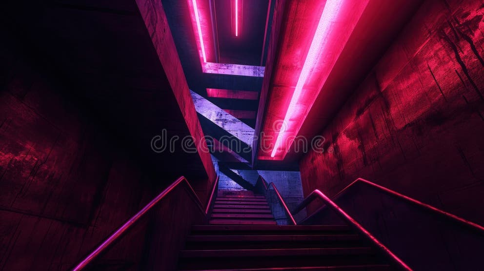 Futuristic Stairs with Neon Light in Dark Tunnel Stock Illustration ...