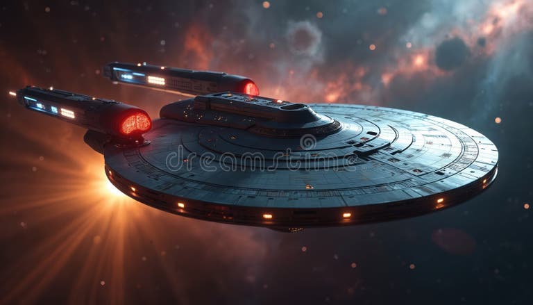 Futuristic Starship Cruises through Deep Space in Glowing Nebula Clouds, Distant Stars. Advanced ...