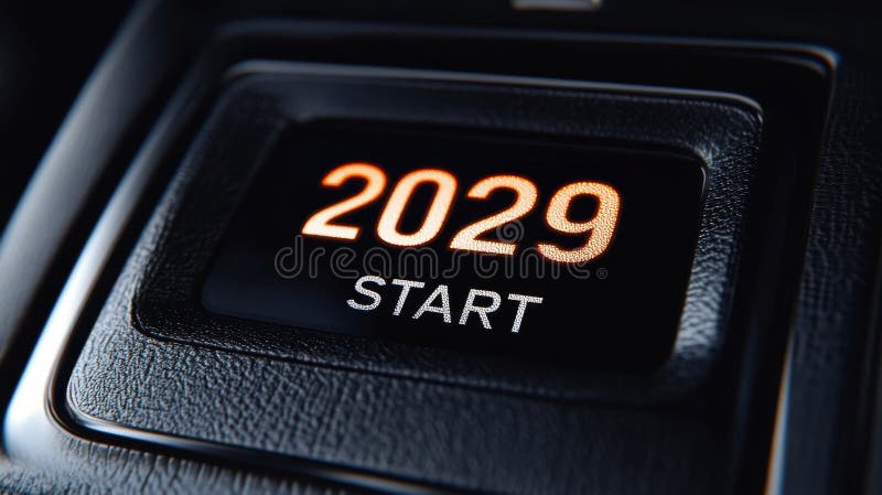 Futuristic 2029 Start Button Illuminated on Sleek Black Surface ...