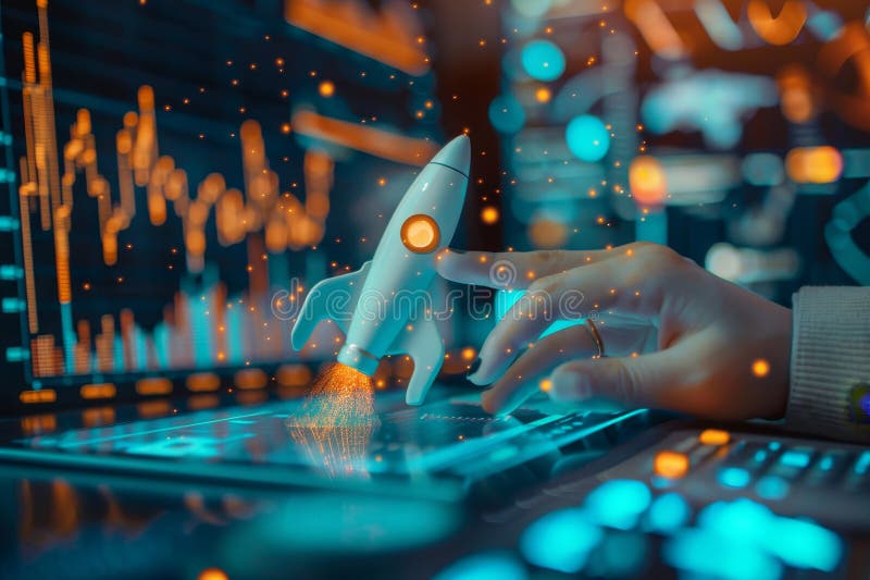 Futuristic Startup Concept Person with Tablet Displaying Rocket Launch ...