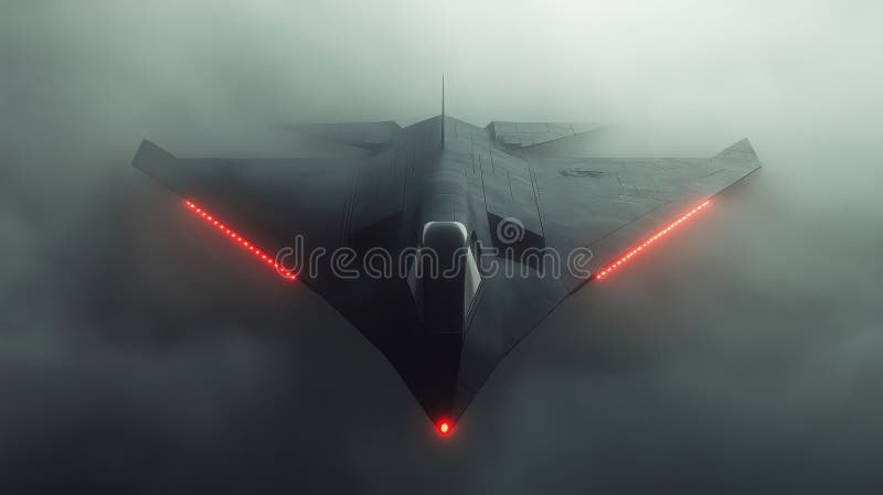 Futuristic Stealth Aircraft Emerging from Fog with Red Led Lights Stock ...