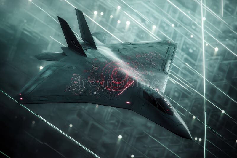 Futuristic Stealth Aircraft Maneuvering through a High-tech Environment ...