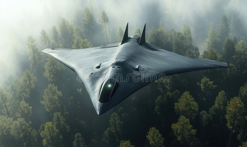 Futuristic Stealth Aircraft Soaring Above Dense Forest Landscape ...