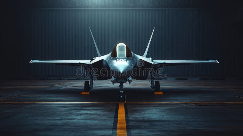 Futuristic Stealth Fighter Jet in a Dimly Lit Hangar with Dramatic ...