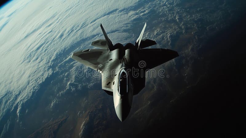 Futuristic Stealth Fighter Jet Soaring Above Earth in Low Orbit with ...