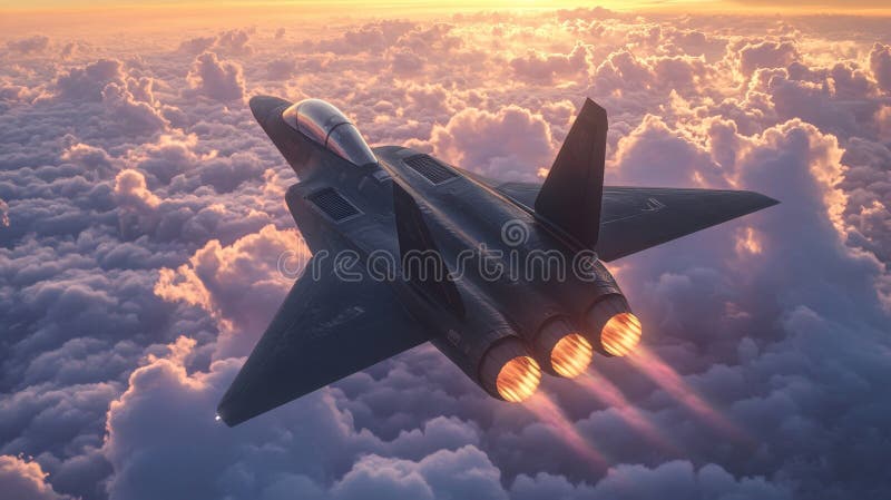 Futuristic Stealth Military Jets Flying High Above a Vivid Sunset with ...