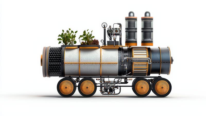 A Futuristic Steam Engine with Plants and Metallic Features Blending ...