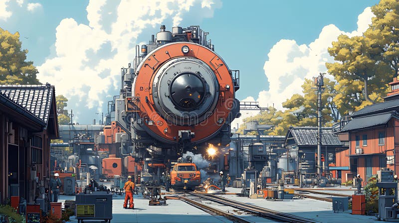 Futuristic Steam Train Arriving at a Stylized Asian Town Station Stock ...