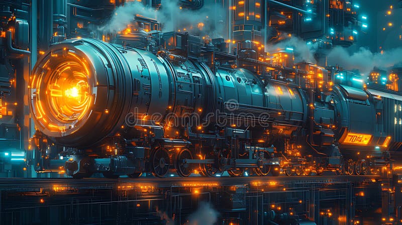 Futuristic Steam Train in a Cyberpunk City Stock Illustration ...