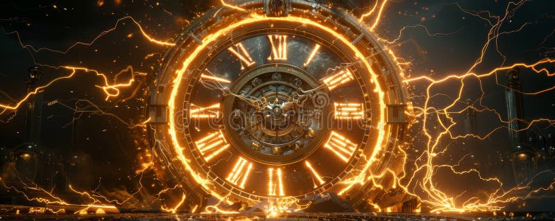 Futuristic Steampunk Clock with Glowing Electric Sparks and Roman ...