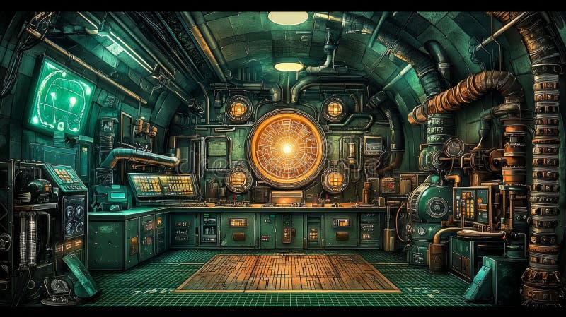 A Futuristic Sci Fi Room with Glowing Clock Steampunk Elements Stock ...
