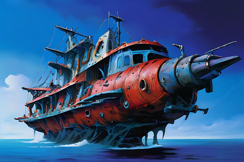 Futuristic Steampunk Ship Sailing the Ocean Stock Image - Image of ...