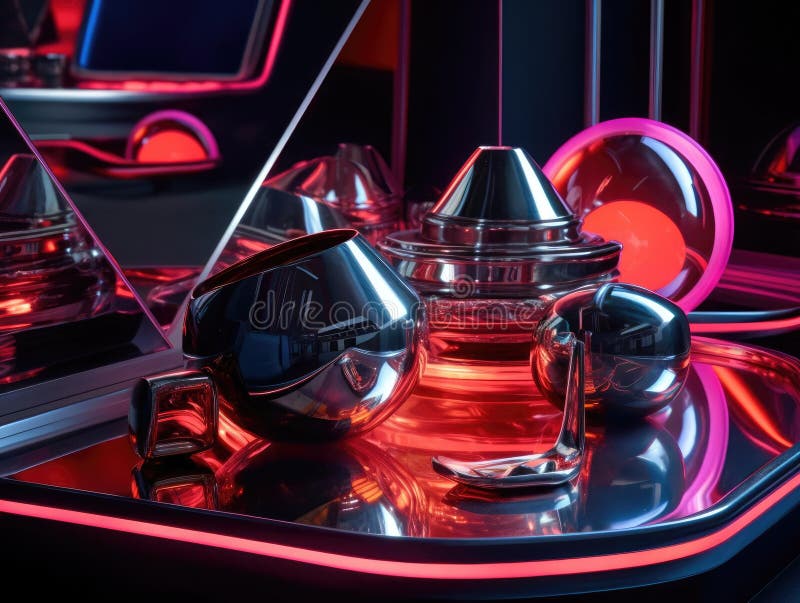 Futuristic Still Life with Metallic Objects and Neon Stock Illustration ...