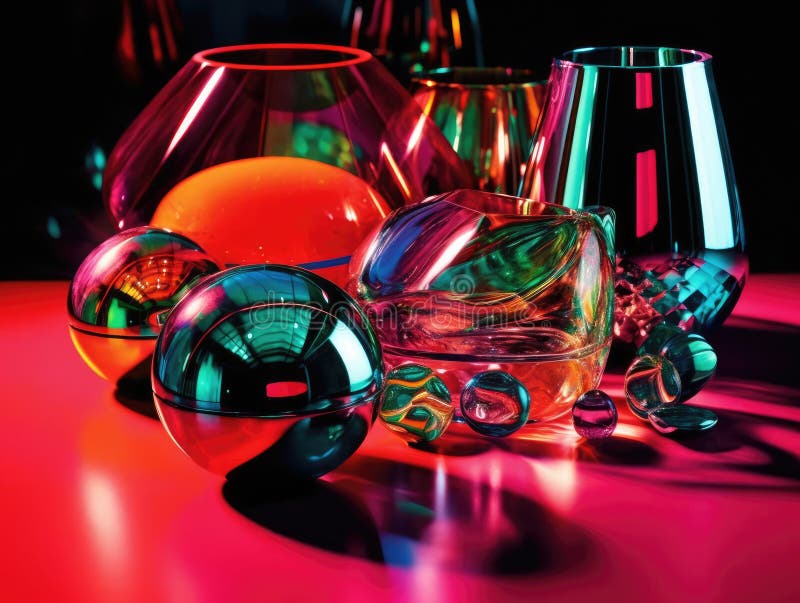 Futuristic Still Life with Metallic Objects and Neon Stock Illustration ...