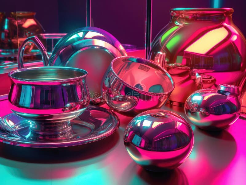 Futuristic Still Life with Metallic Objects and Neon Stock Illustration ...