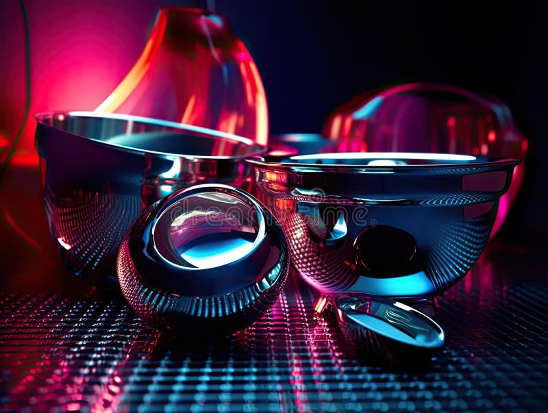 Futuristic Still Life with Metallic Objects and Neon Stock Illustration ...