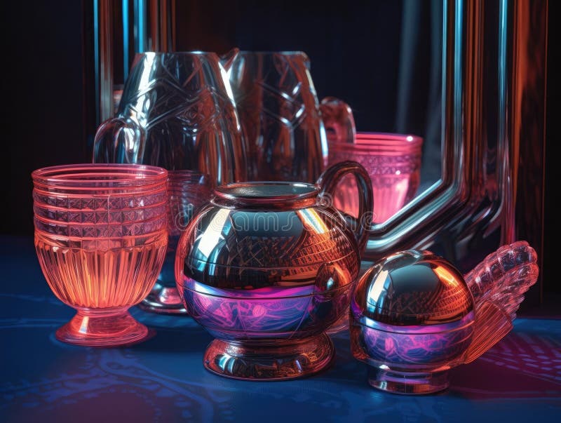 Futuristic Still Life with Metallic Objects and Neon Stock Illustration ...