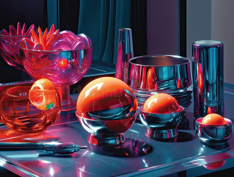 Futuristic Still Life with Metallic Objects and Neon Stock Illustration ...