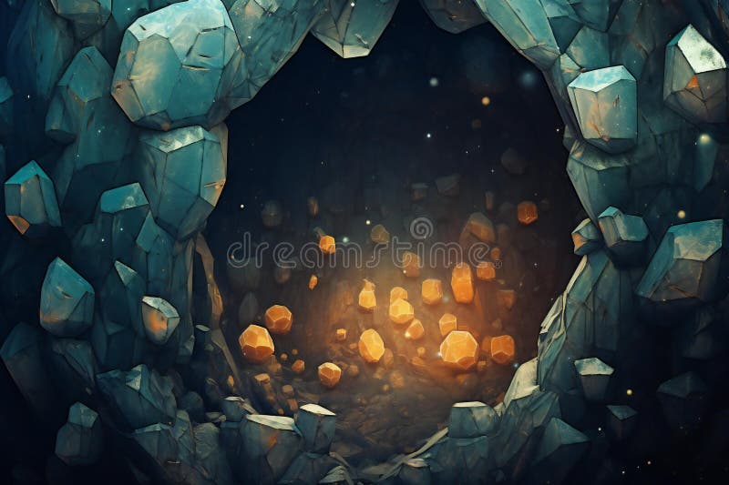 Futuristic Stone Cave Interior with Glowing Lights Stock Illustration ...