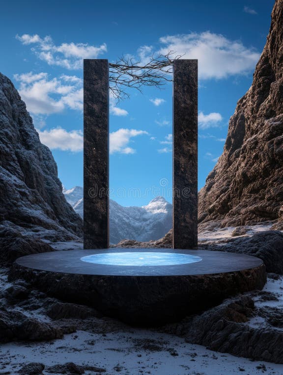 Futuristic Stone Gateway in a Snowy Mountain Landscape Stock ...
