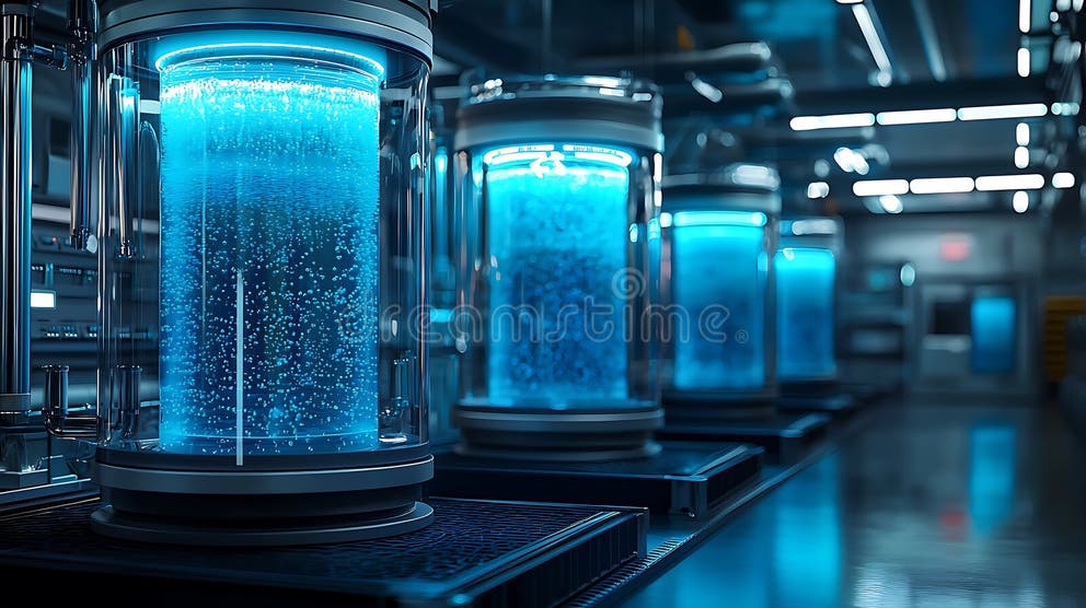 Futuristic Storage Chambers with Glowing Blue Liquid and Bubbles Stock ...
