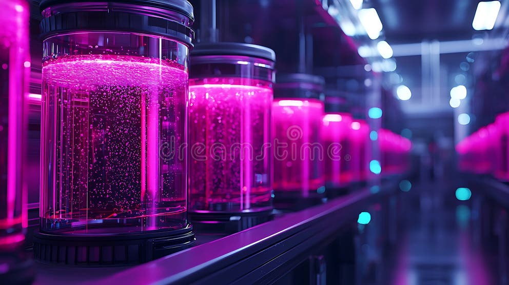 Futuristic Storage Chambers with Glowing Pink Liquid and Bubbles Stock ...