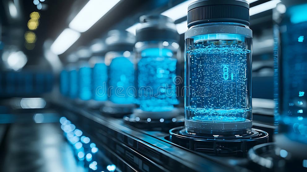 Futuristic Storage Containers with Glowing Blue Liquid Inside Stock ...