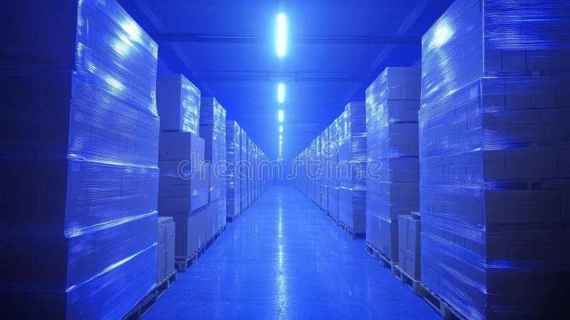 A Futuristic Storage Space with Extensive Shelves of Boxes, Glowing ...