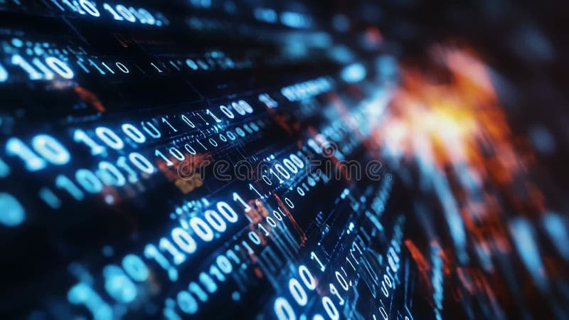 Binary Code Stream Flowing on Dark Background with Orange Glowing Light ...