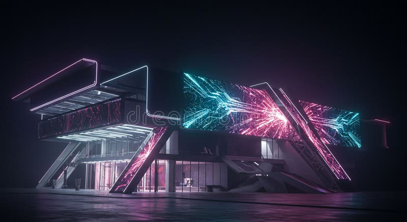 Futuristic Structure with Angular Design Elements and Neon Lighting ...