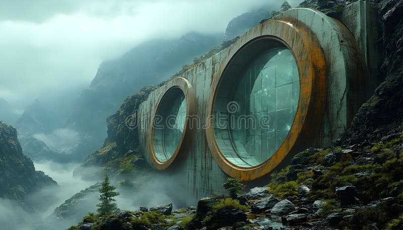 Futuristic Structure Nestled in Misty Mountain Range, Featuring Large ...
