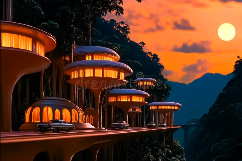 Futuristic Structures with Glowing Windows Line Elevated Roadway ...