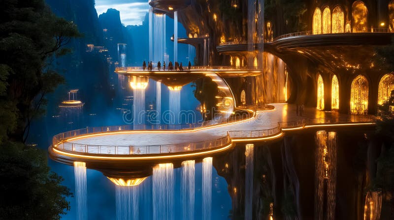 Futuristic Structures Illuminated by Golden Light Overlook Cascading ...