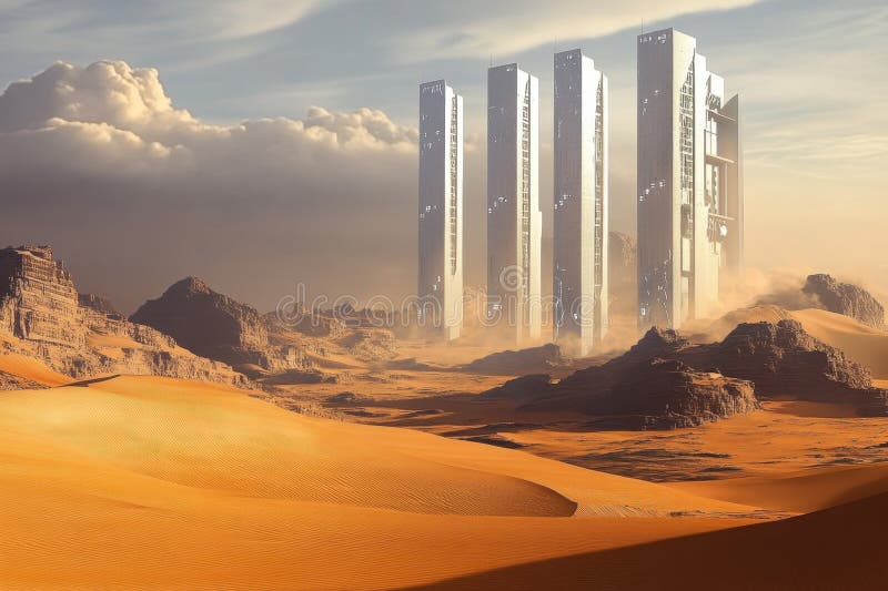Futuristic Structures Rise from the Desert Landscape Under a Dramatic ...