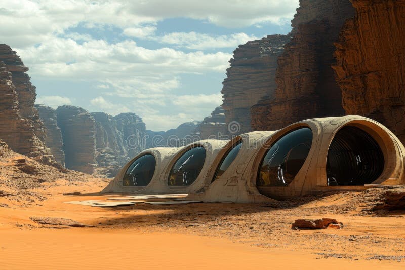 Futuristic Structures Set Against Dramatic Desert Landscape in a Remote ...