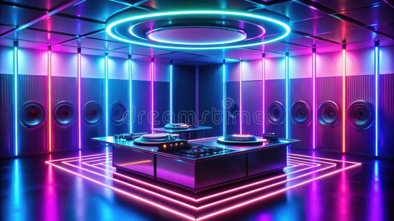 Futuristic Studio with Neon Lighting and Advanced Audio Equipment for Music Production ...