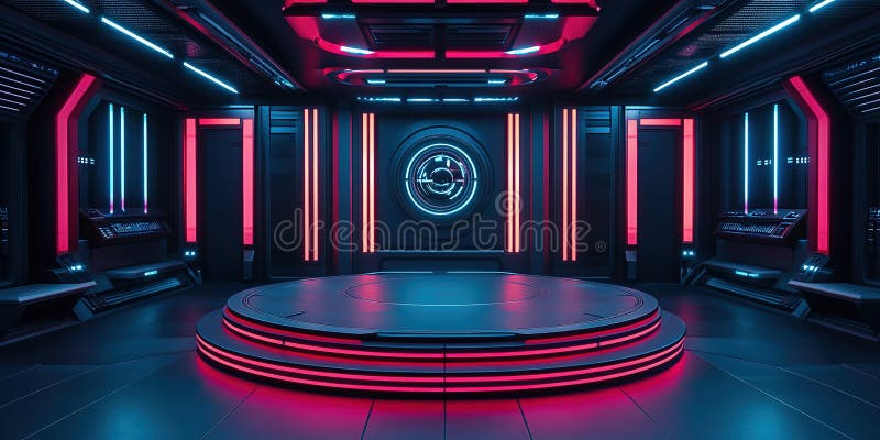 Futuristic Studio with Neon Lights and Circular Platform for Virtual ...