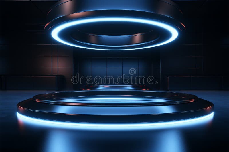 Futuristic Studio Room with a Dark Blue Backdrop and an Empty Podium ...