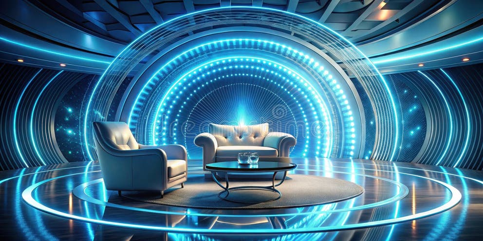 Futuristic Studio Set Design with Elegant Seating and Glowing Circular ...