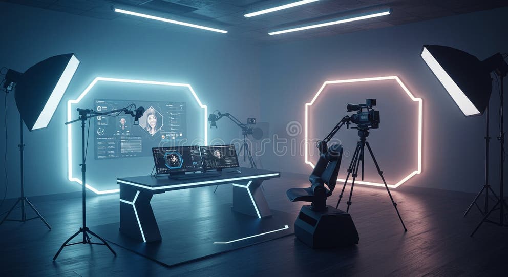 Futuristic Studio Setup Featuring a Sleek, Modern Desk with Multiple ...