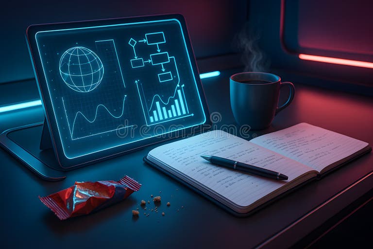 Futuristic Study Desk with Holographic Data Charts Coffee and Notebook ...