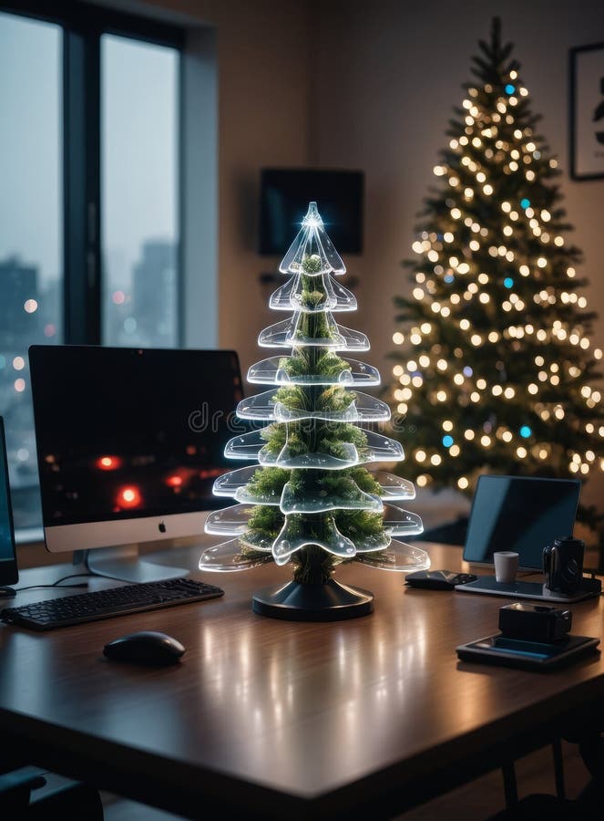 Futuristic Study with LED-lit Christmas Tree and Smart Devices. Stock ...