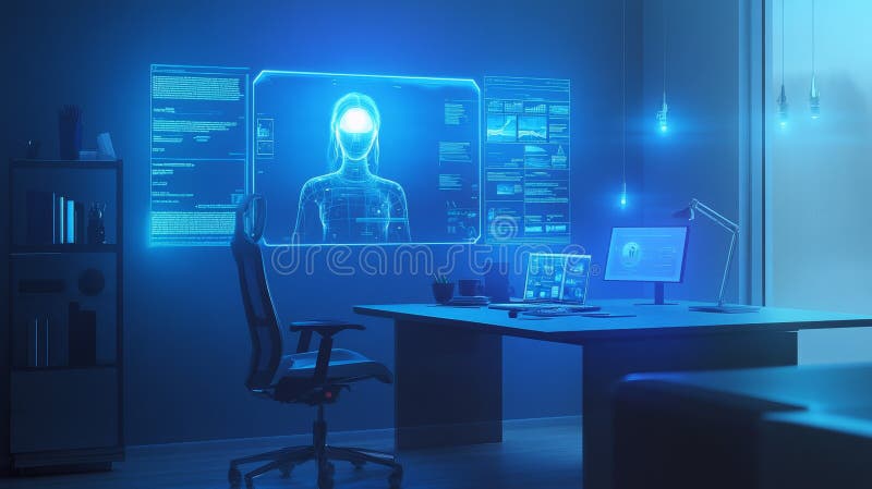 Futuristic Study Room Featuring Holographic Assistant and Interactive ...