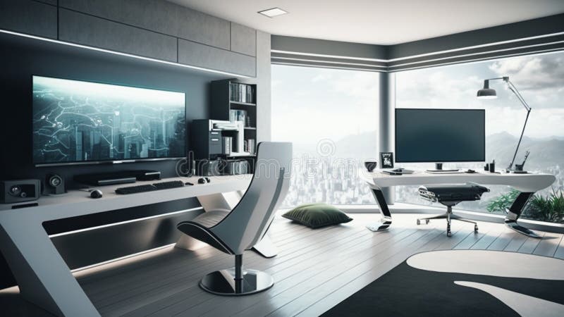 A Futuristic Style Home Work with a High-tech Computer, Generative Ai ...