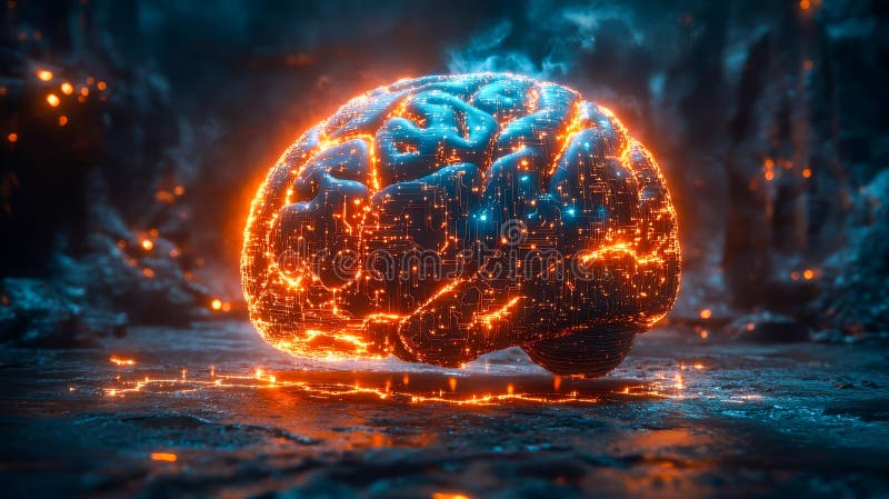 A Futuristic Style Human Brain with Glowing Electric Currents and ...