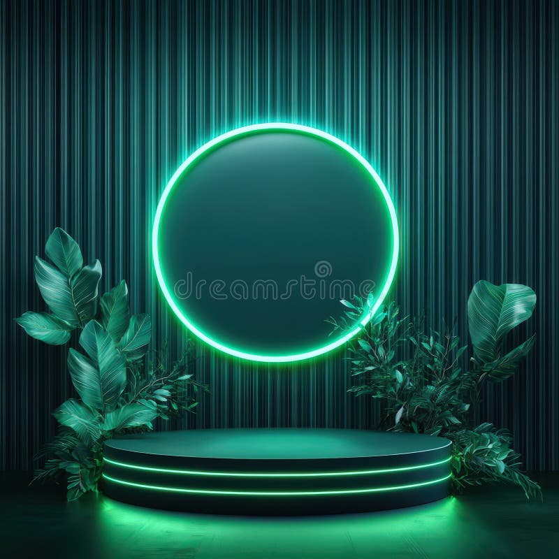 Neon Green Circle Light and Platform with Tropical Plants Stock ...